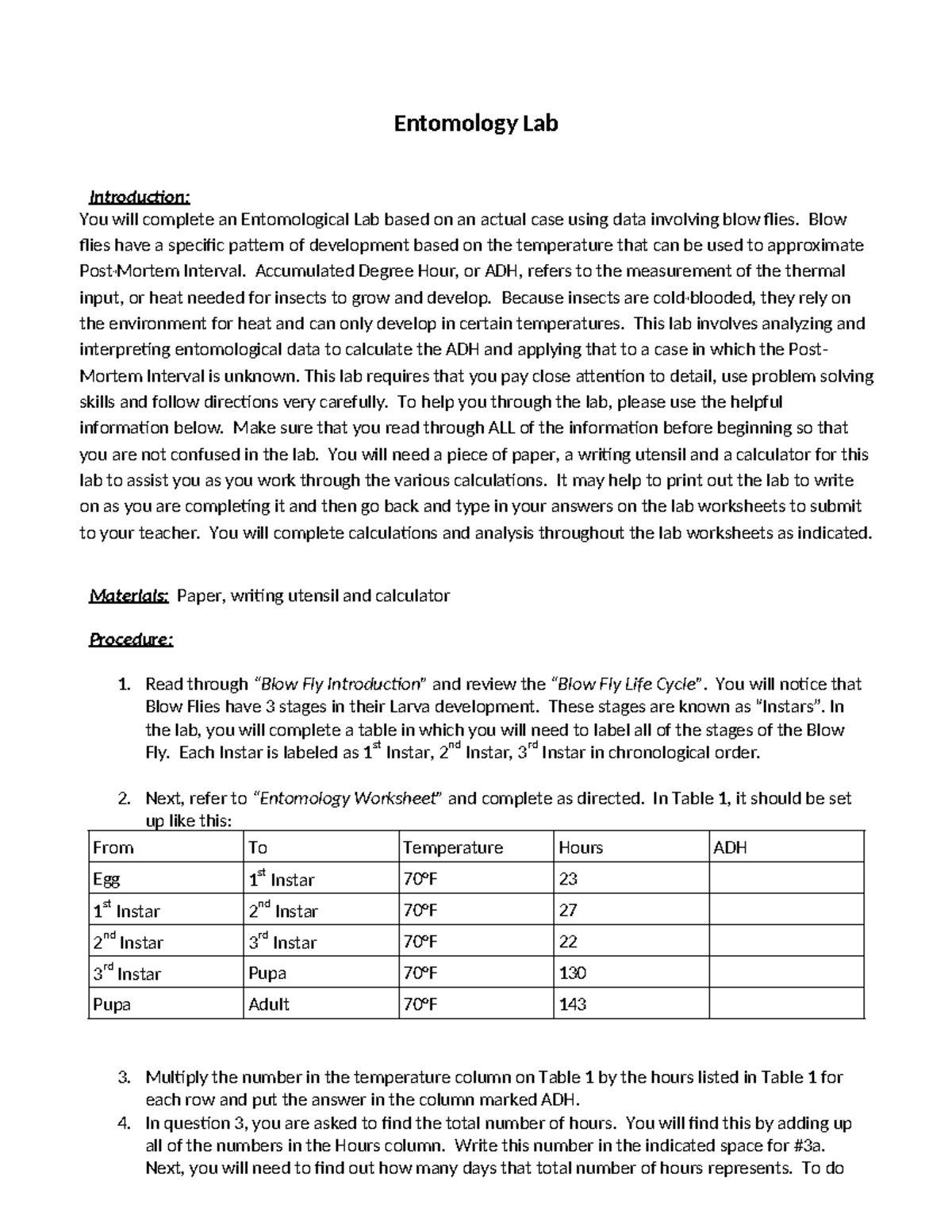 Forensic Entomology Lab Analysis and ADH Calculation - Studocu