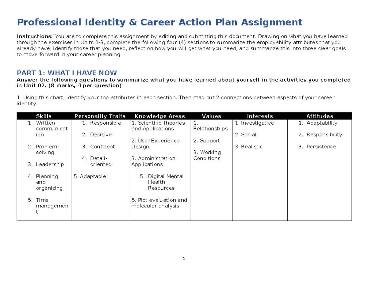 Career Action Plan Assignment Template - Professional Identity & Career ...