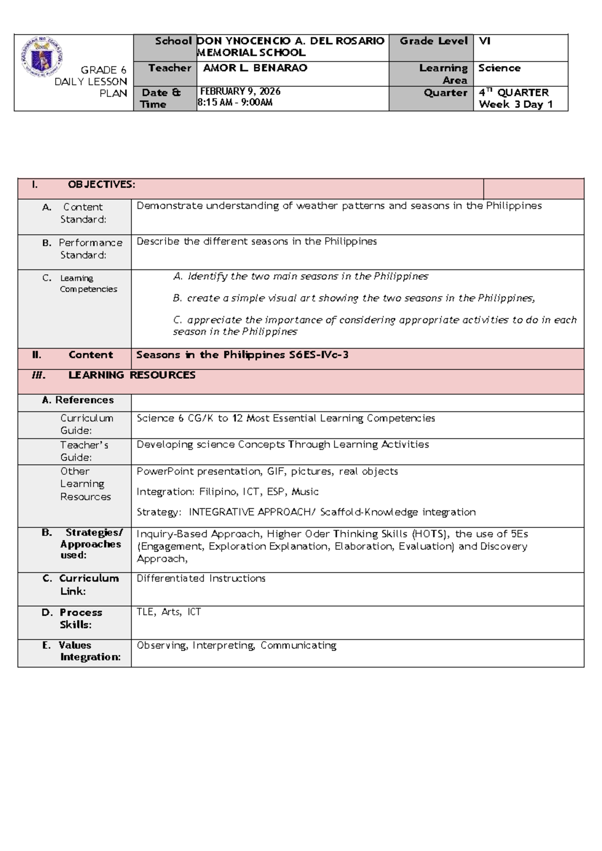 GRADE 6 SCIENCE DAILY LESSON PLAN: WEATHER & SEASONS (4TH QUARTER ...