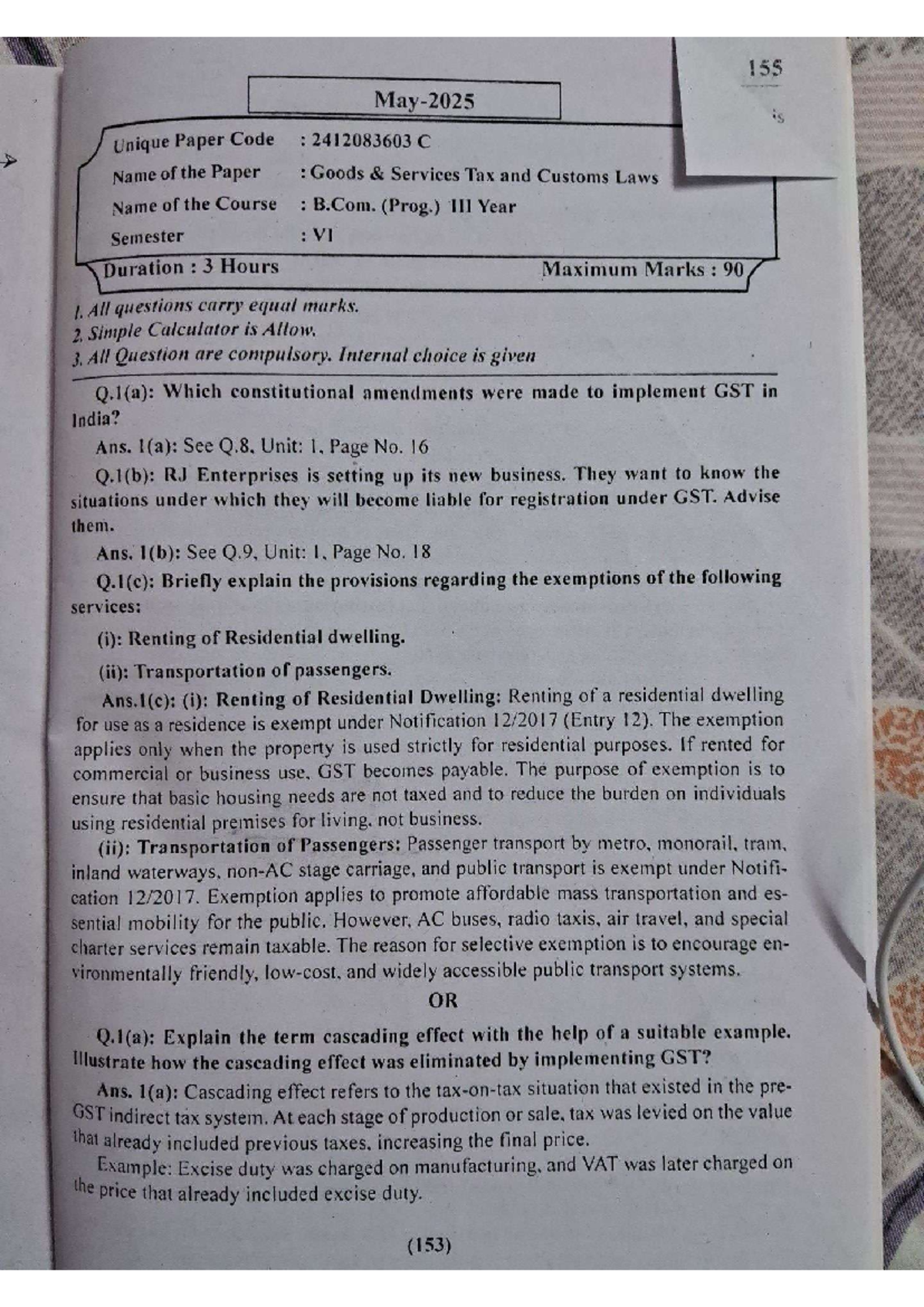 B.Com. (Prog.) VI Sem GST & Customs Laws Study Notes - 2025 PYQ - Studocu