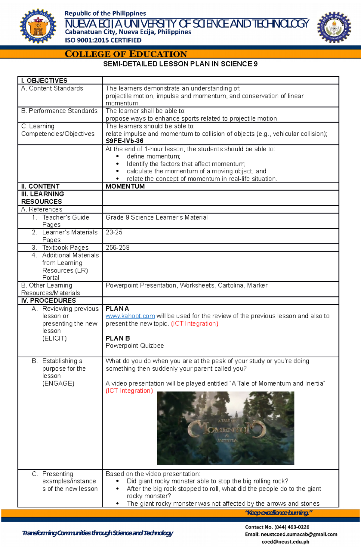 SEMI-Detailed Lesson Plan on Momentum for Science 9 Students - Studocu