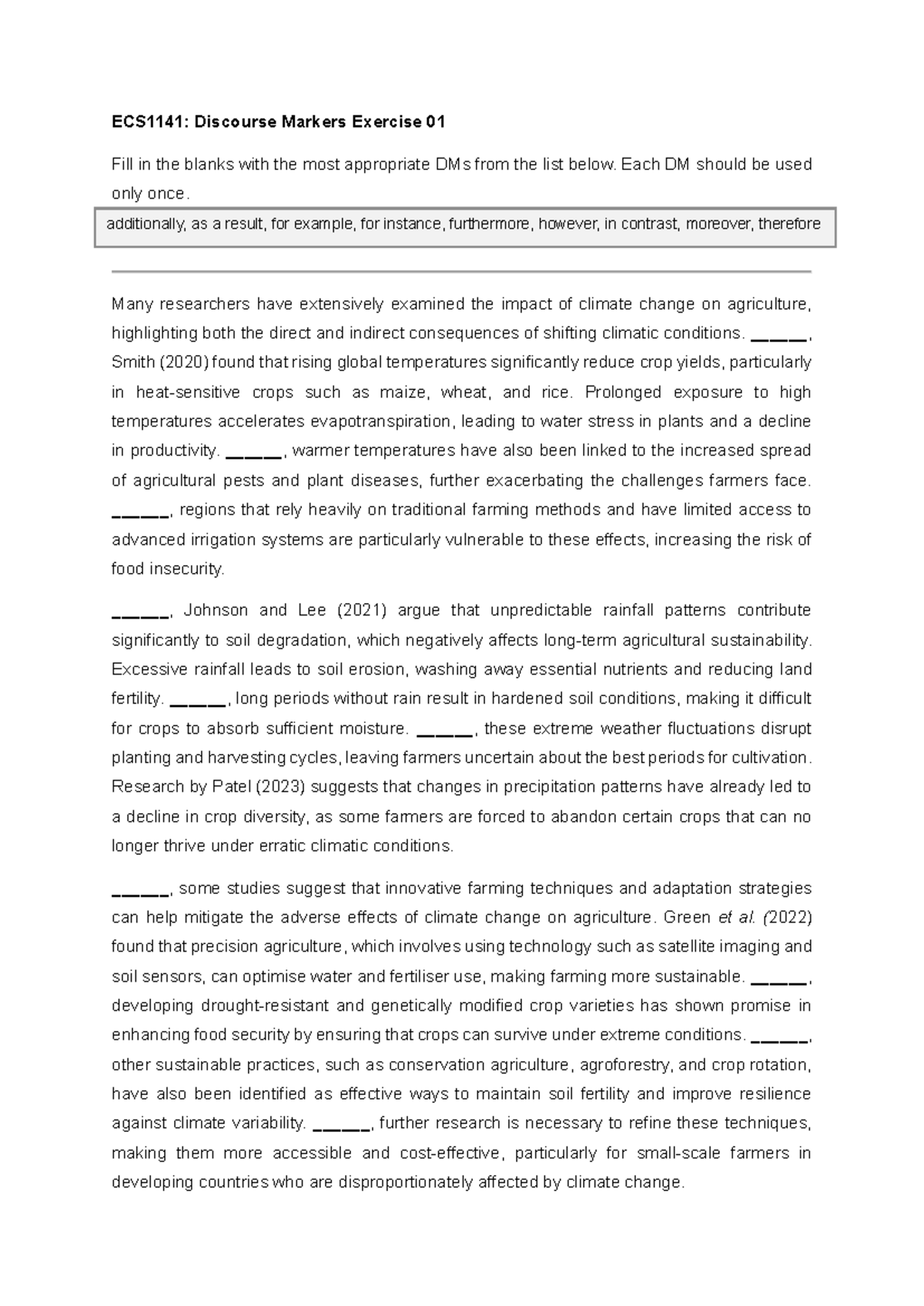 ECS1141: Discourse Markers Exercises - Fill in the Blanks Activities ...
