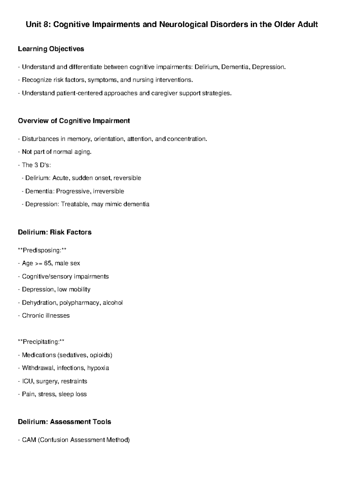Unit 8: Cognitive Impairments & Neurological Disorders Notes - Studocu