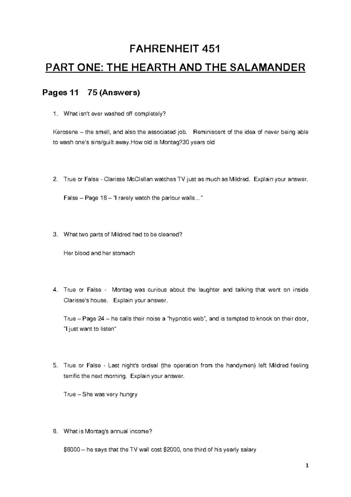 Fahrenheit 451 Comprehension Question Answers - FAHRENHEIT 451 PART ONE ...