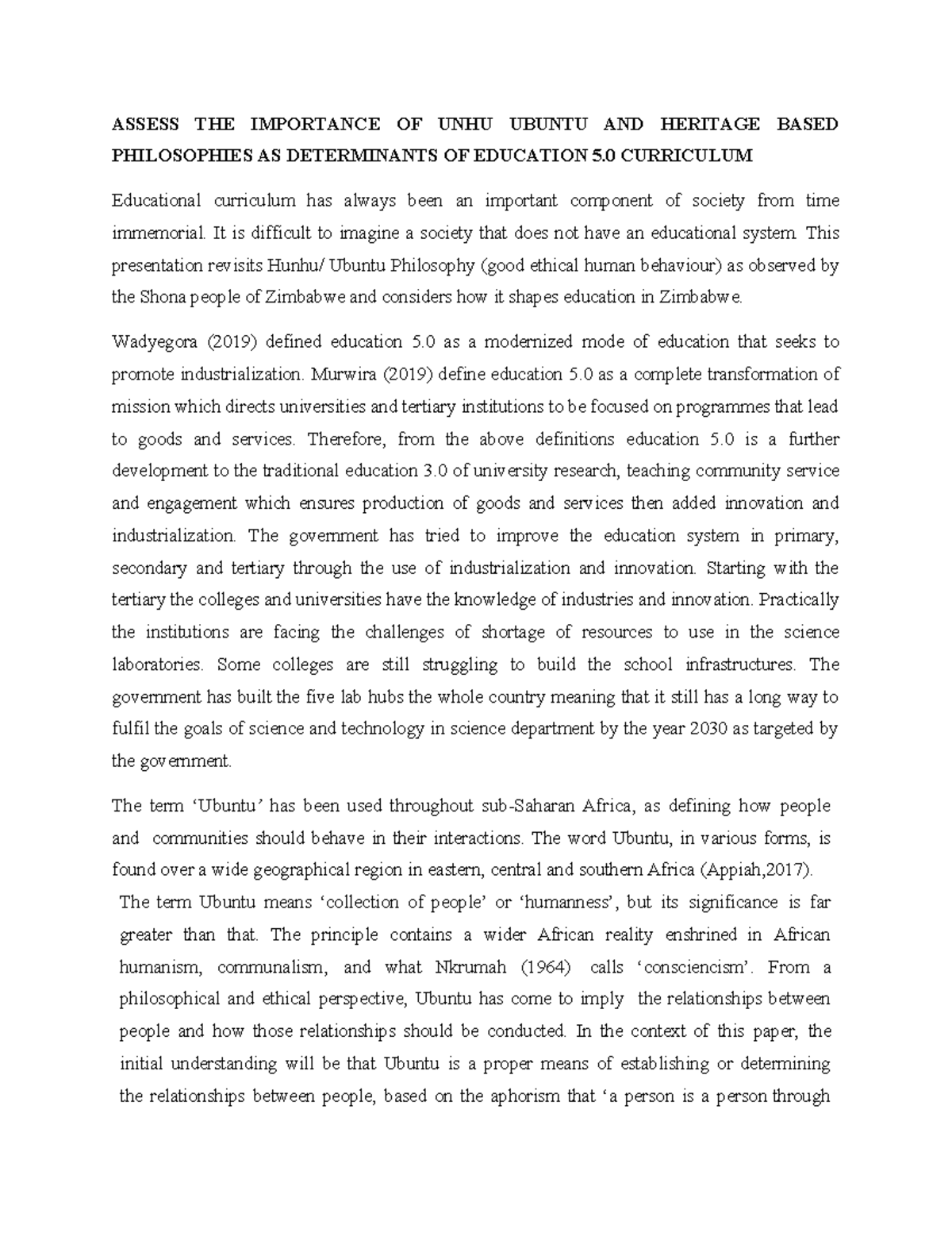 Assessing Hunhu/Ubuntu in Education 5.0 Curriculum: Impacts and ...