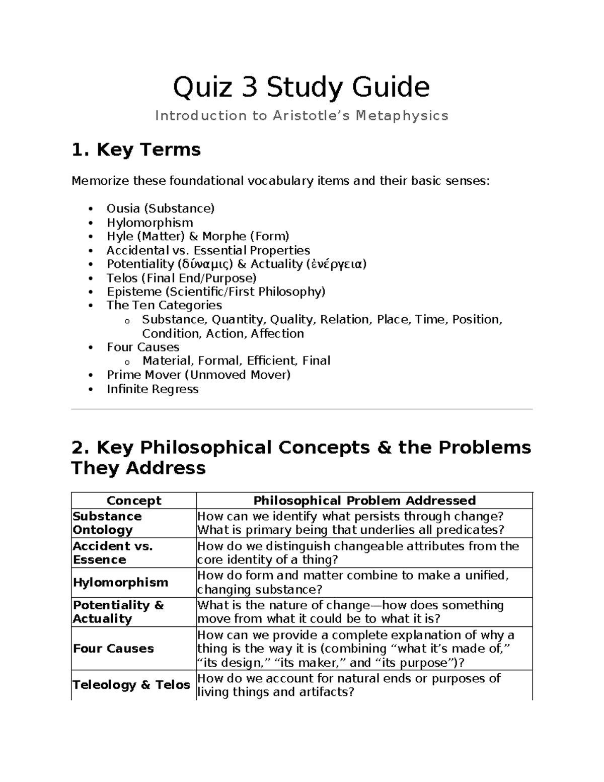 Quiz 3 Study Guide: Key Concepts in Aristotle's Metaphysics - Quiz 3 ...