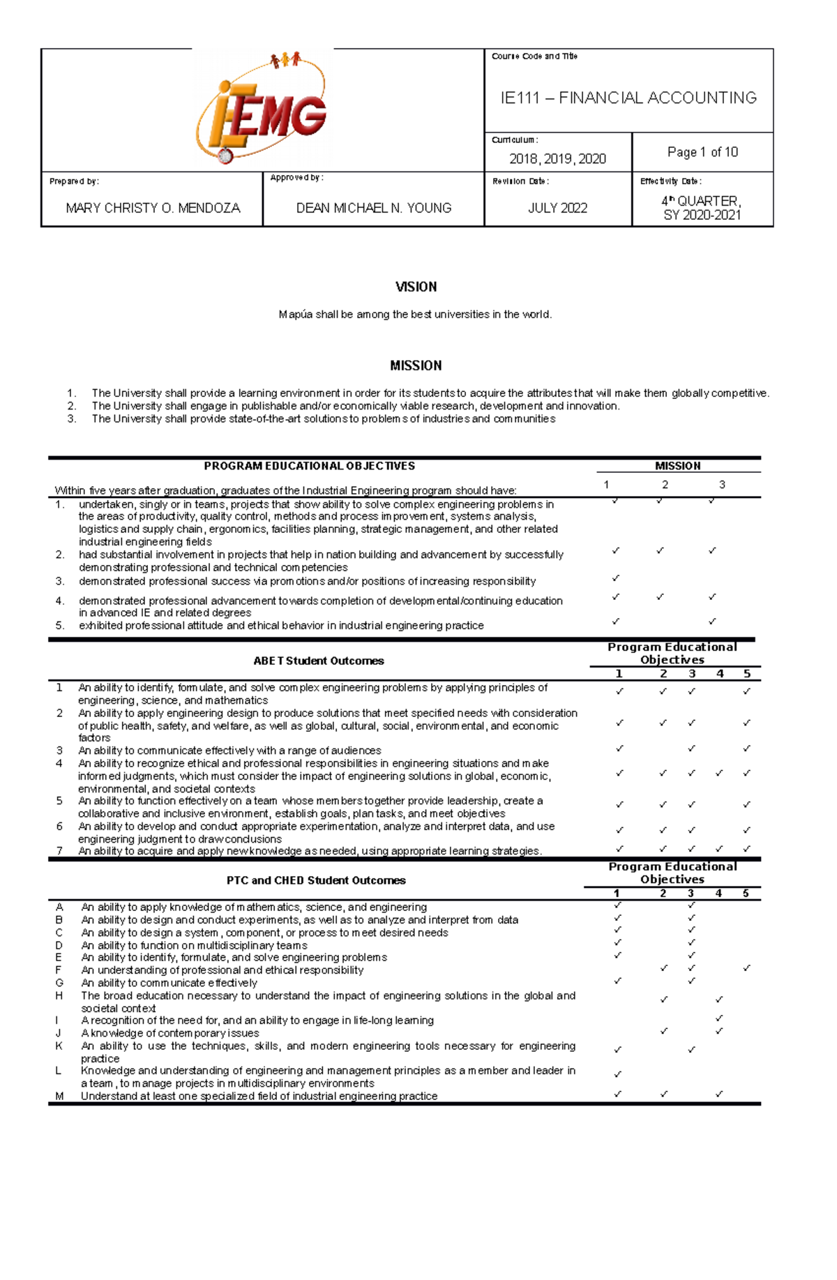 IE111 - Financial Accounting Syllabus for 1st Quarter SY 2022-2023 ...