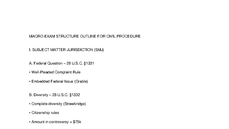 CIV PRO I: Comprehensive Macro Outline on Jurisdiction & Joinder - Studocu