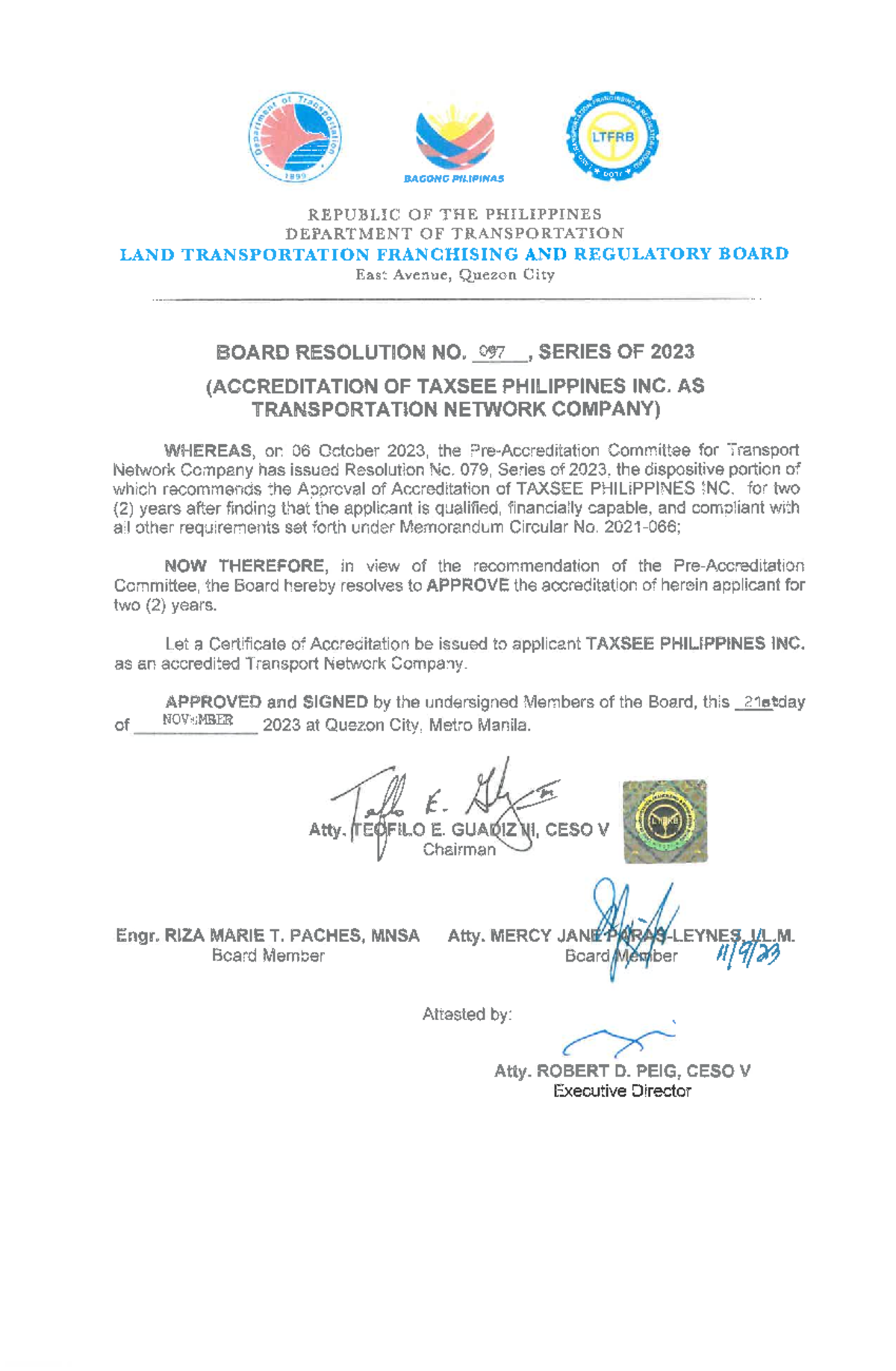 LTFRB Board Resolution No. 097, S. 2023: Accreditation of TAXSEE ...