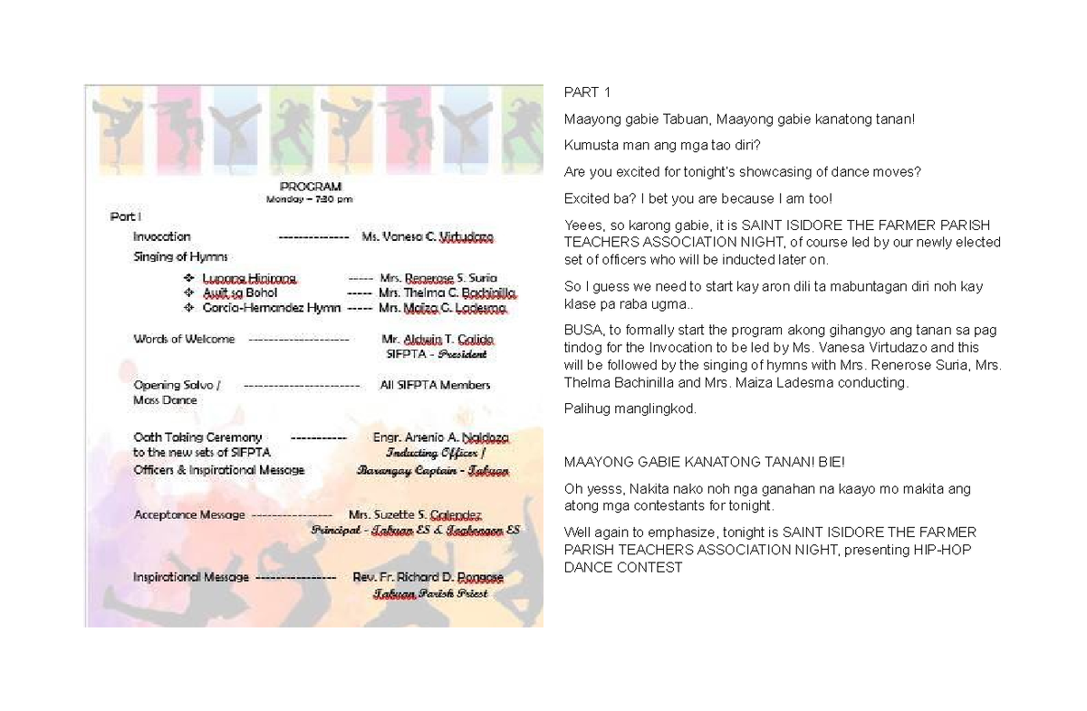 Hip Hop Contest Script - PART 1 Maayong gabie Tabuan, Maayong gabie ...