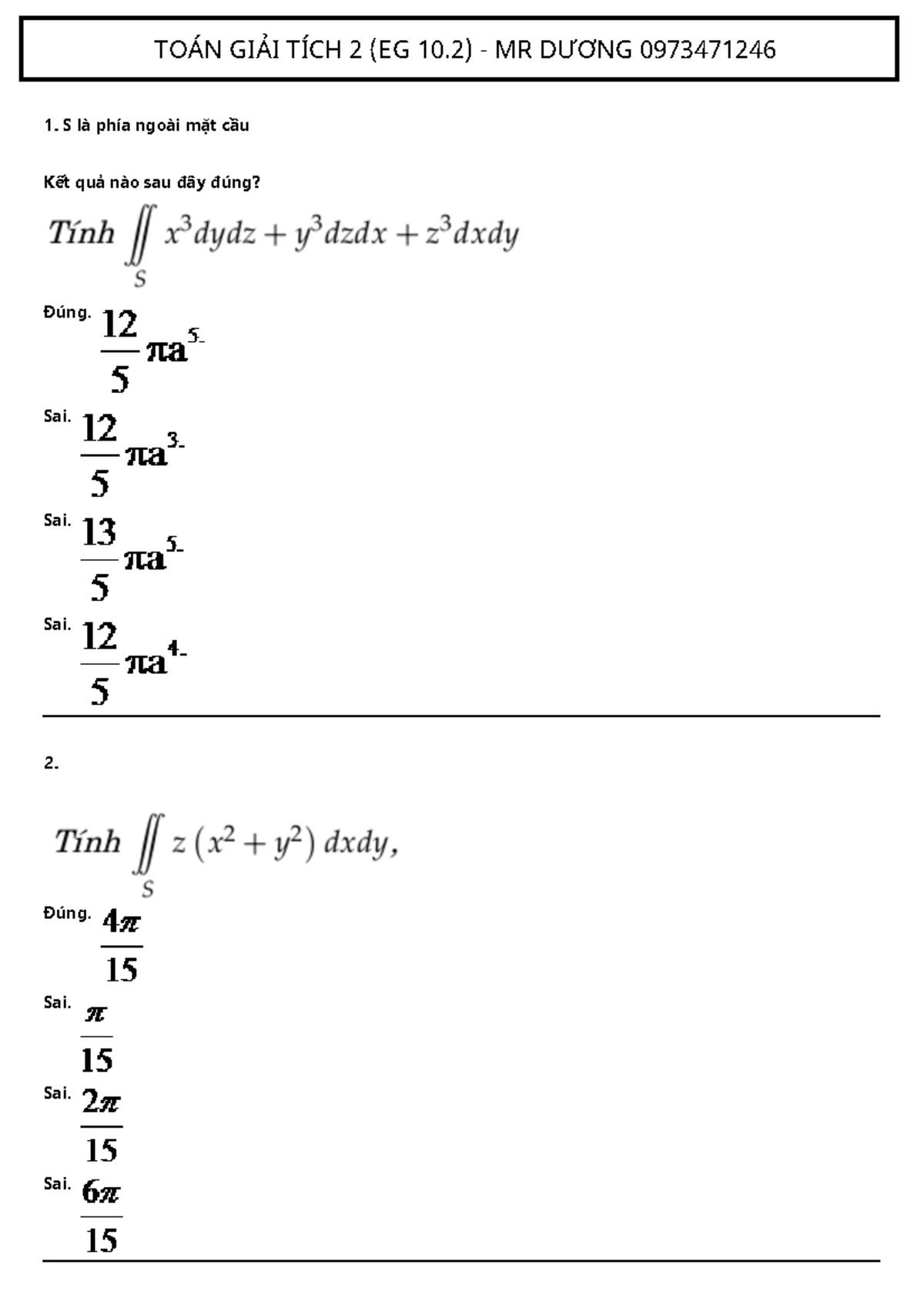 Toán Giải Tích 2 (EG10) - Bài Tập Trắc Nghiệm và Kết Quả - Studocu