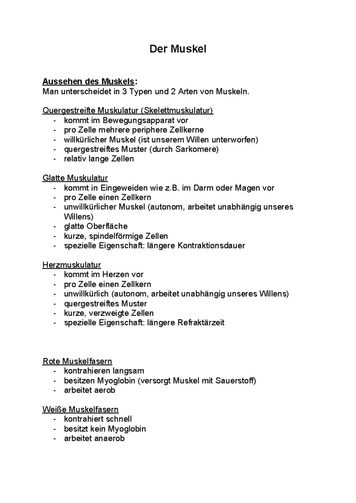 Handout: Muskeltypen und ihre Eigenschaften im Wintersemester - Studocu