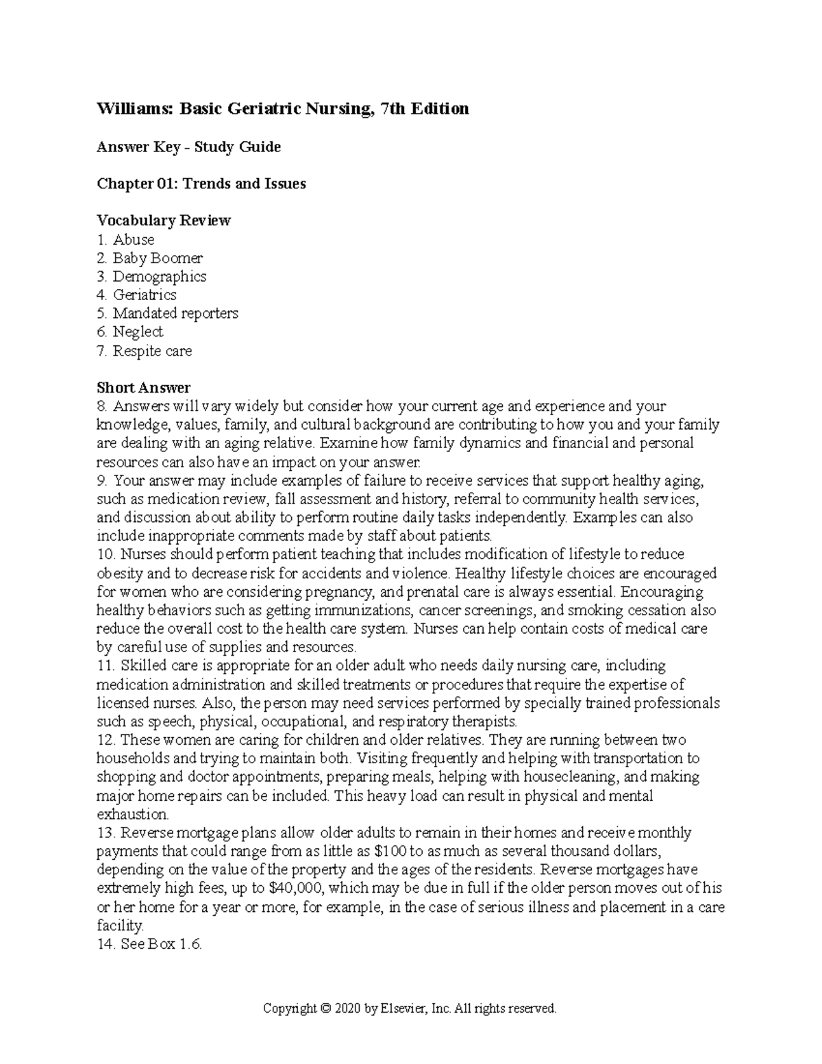 Geriatrics study guide keys - Williams: Basic Geriatric Nursing, 7th ...