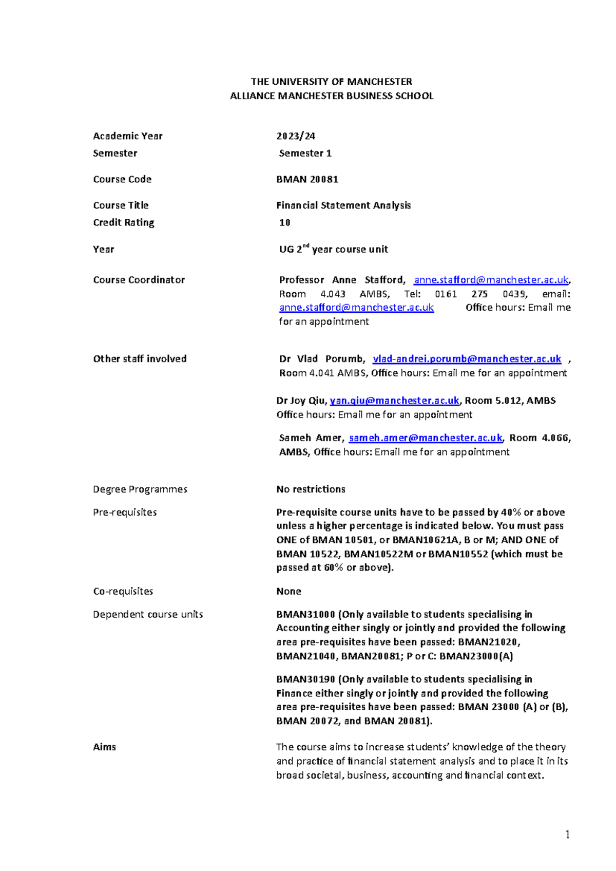 BMAN2008 Financial Statement Analysis Course Outline - Semester 1 2023 ...