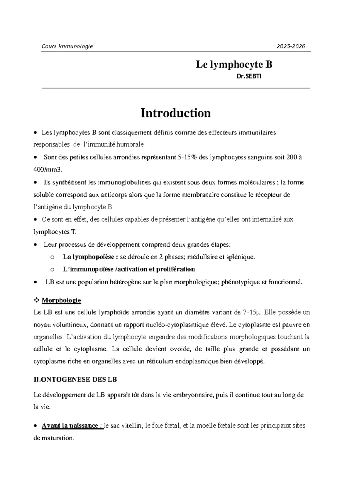 Cours Immunologie: Les Lymphocytes B - Dr. Sebti - Studocu