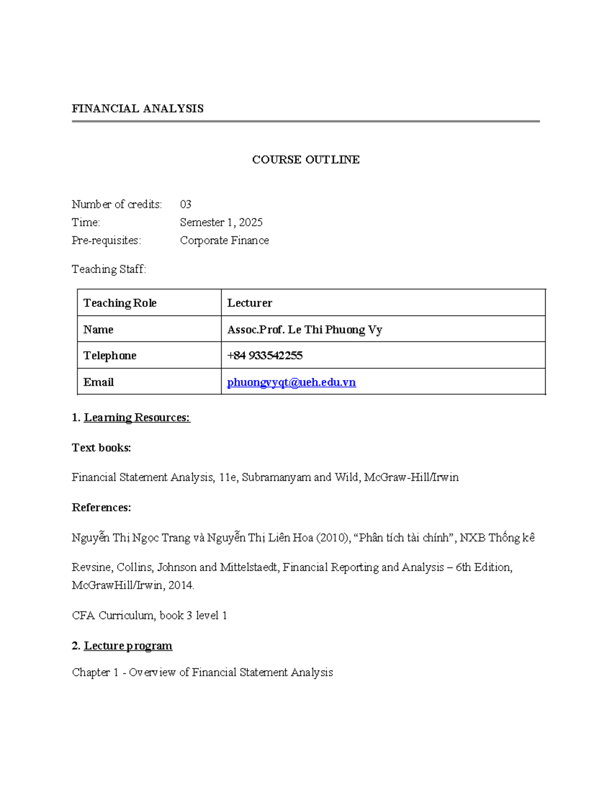 Financial Analysis Course Outline - FA-K49 (Semester 1, 2025) - Studocu