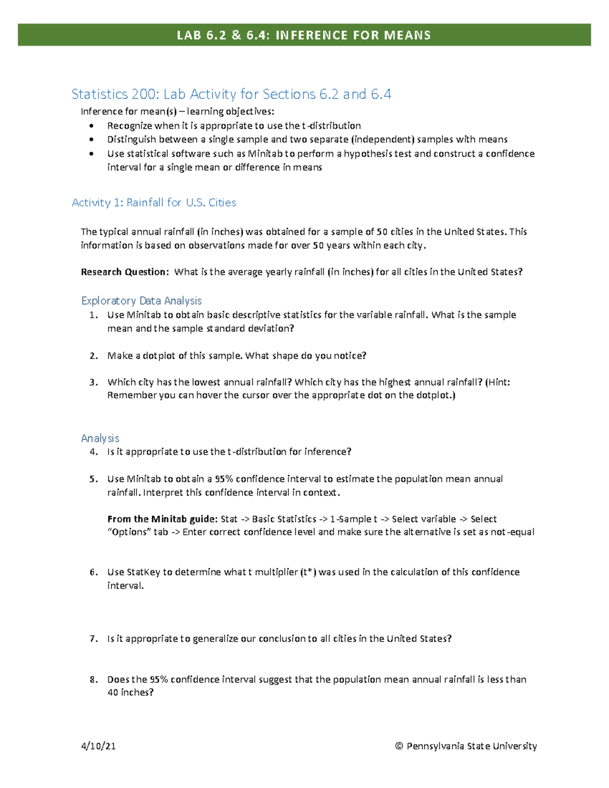 Statistics 200: Lab Activity on Inference and Data Analysis for Sections 6.2-6.4 - Studocu