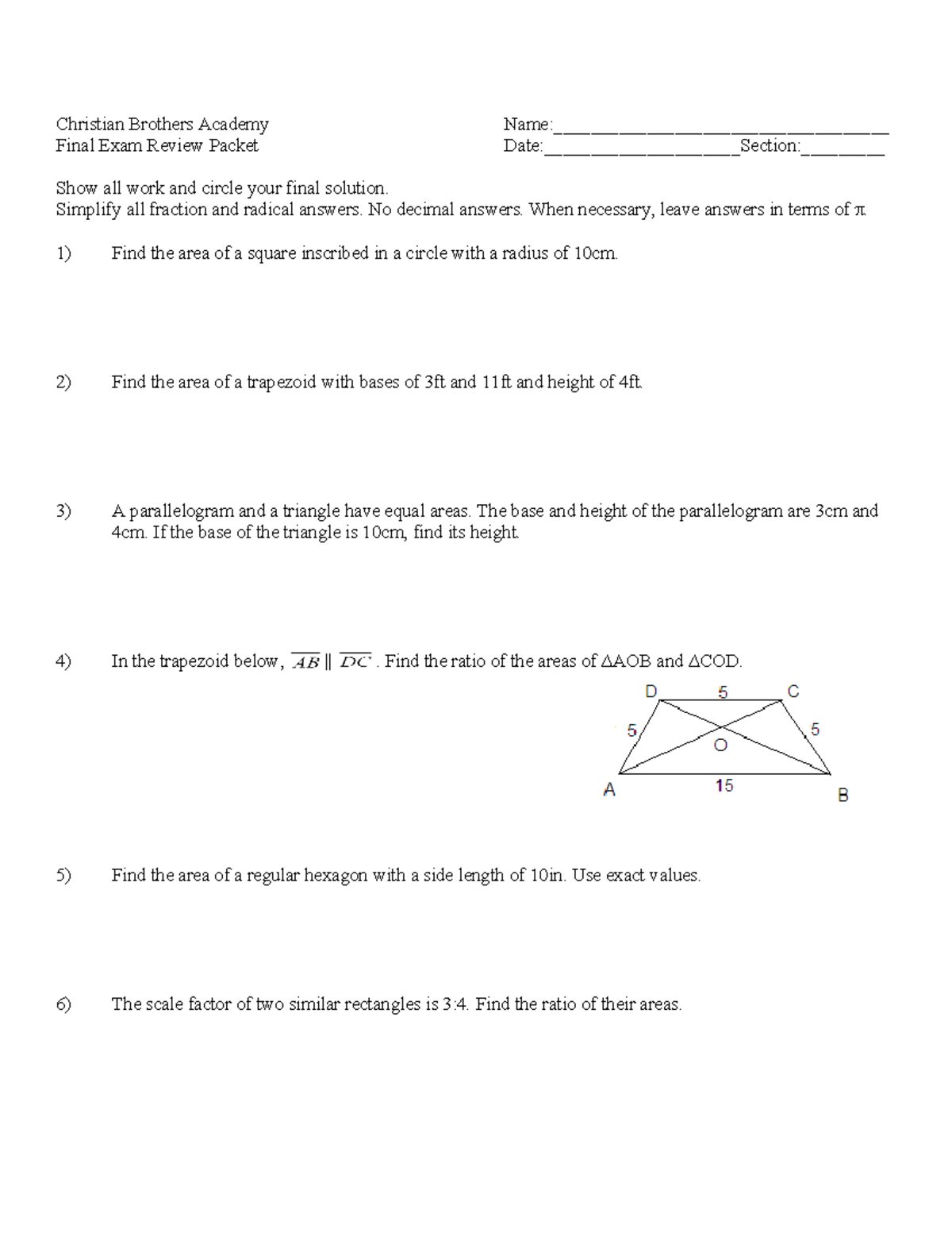 Geometry Honors CBA Final Exam Review Packet - Studocu