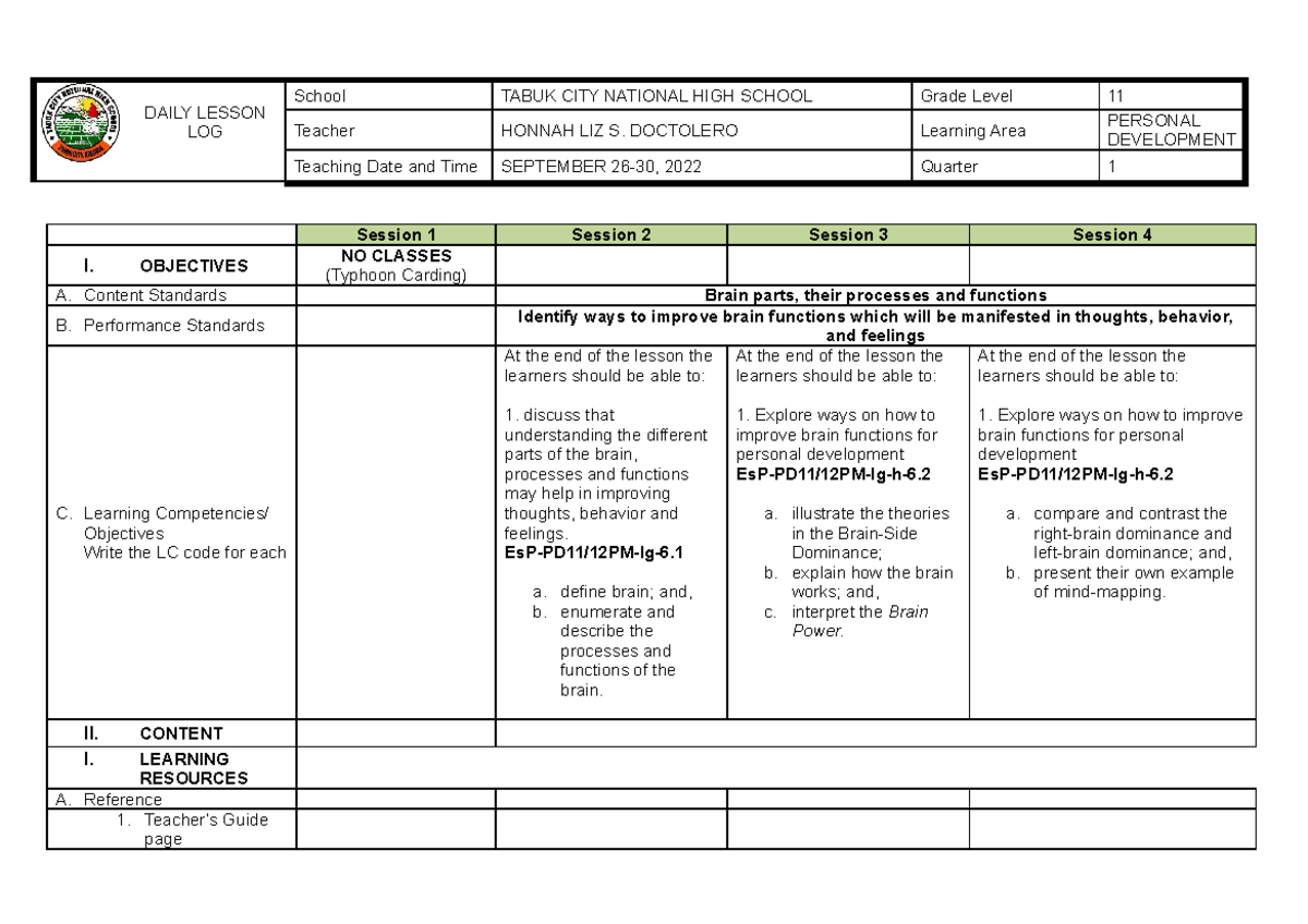 DLL Week 6 - Daily Lesson Log for Personal Development - Studocu