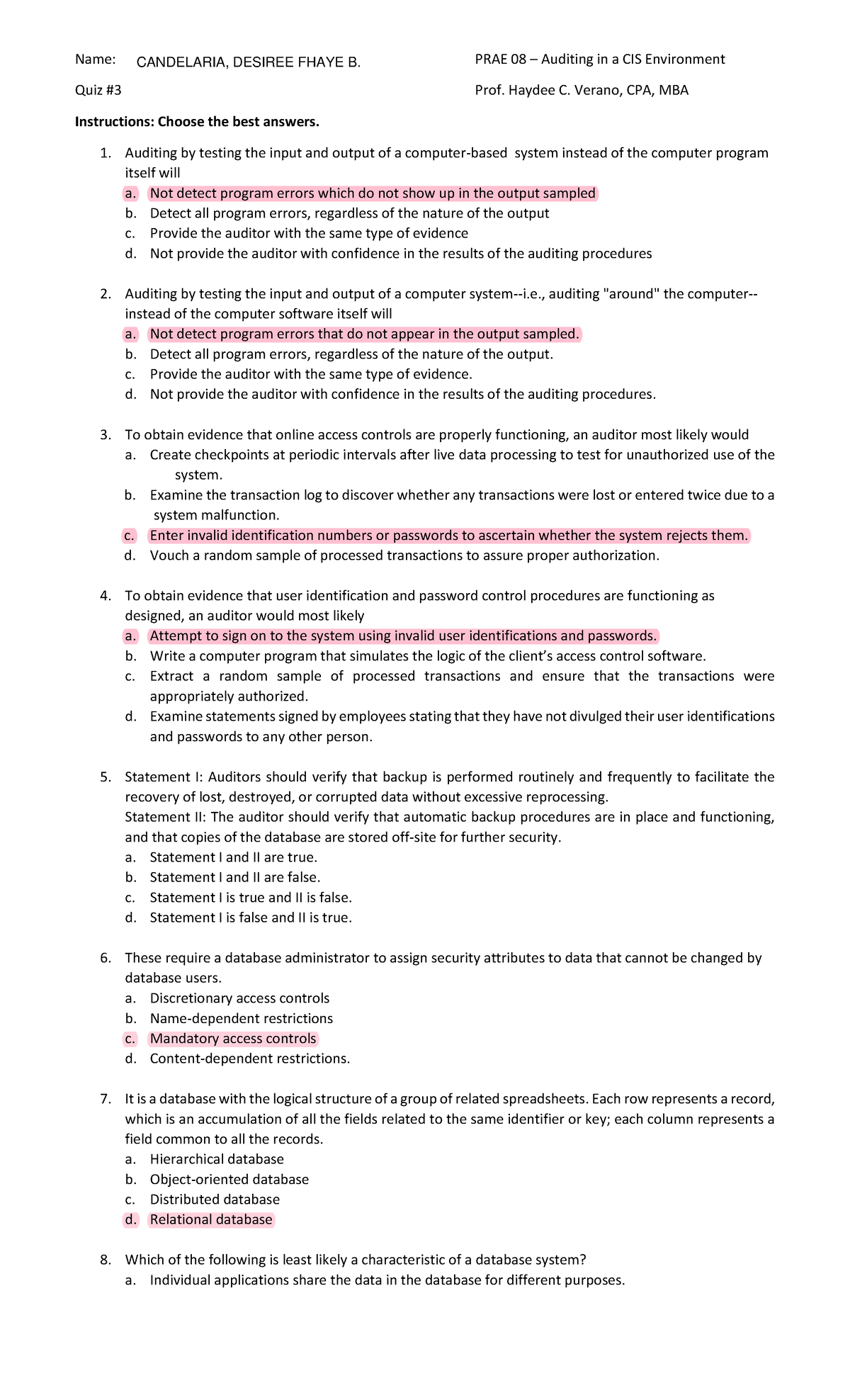 Quiz 3 Auditing In Cis Environment Name Prae 08 Auditing In A Cis Environment Quiz 3 Prof
