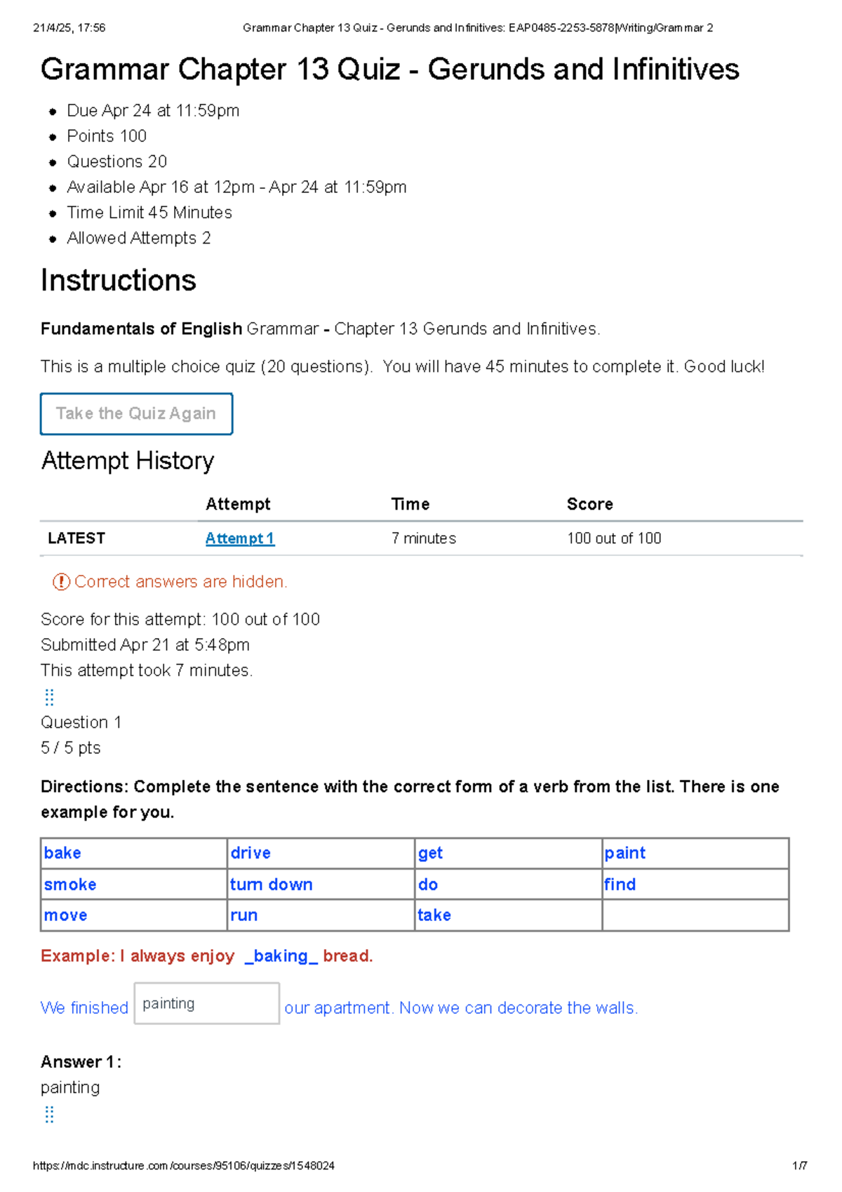 EAP0485 Grammar Chapter 13 Quiz: Gerunds and Infinitives Review - Studocu