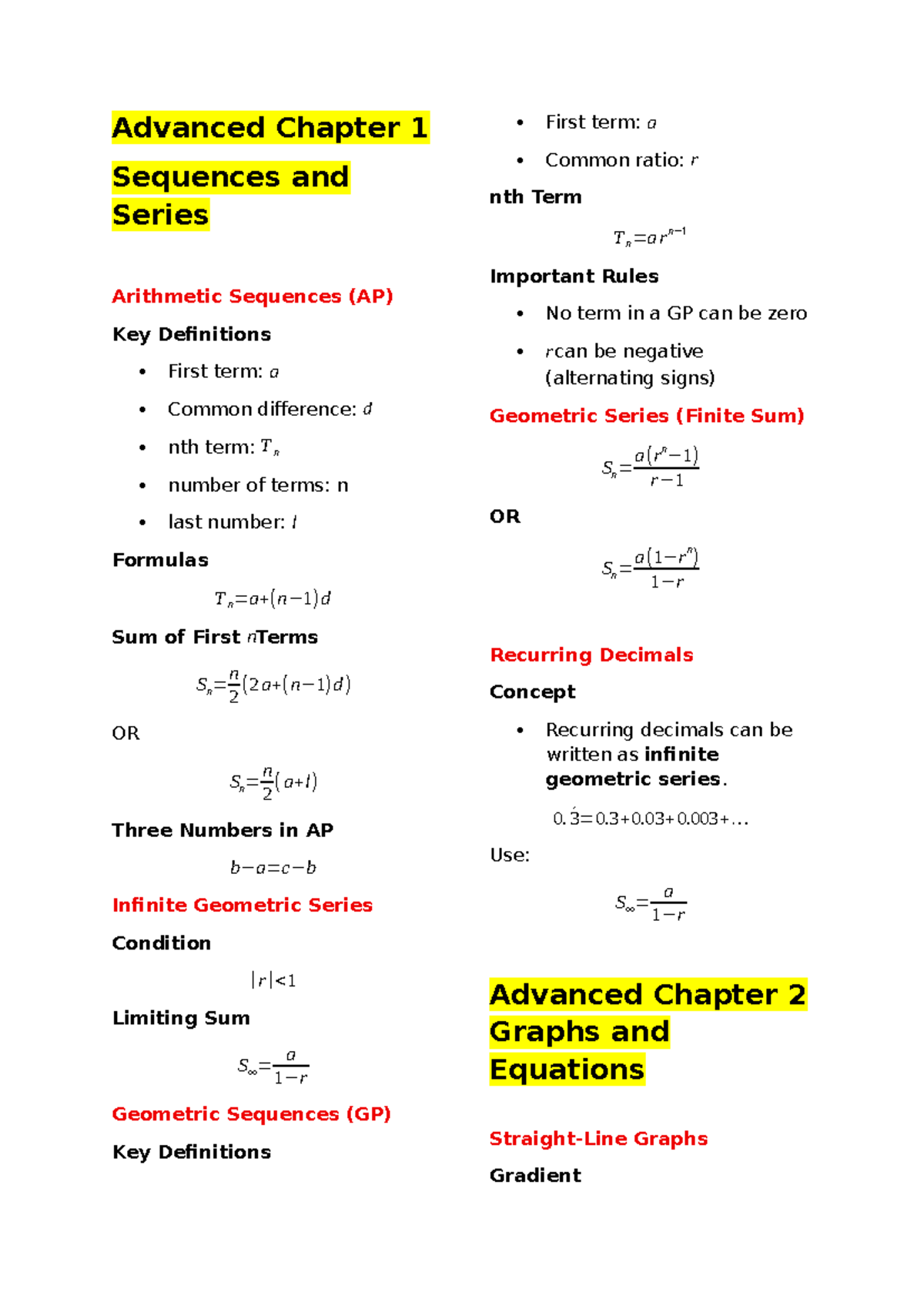 Assessment Task 1: Maths Summary Formula Sheet (AP) - Studocu