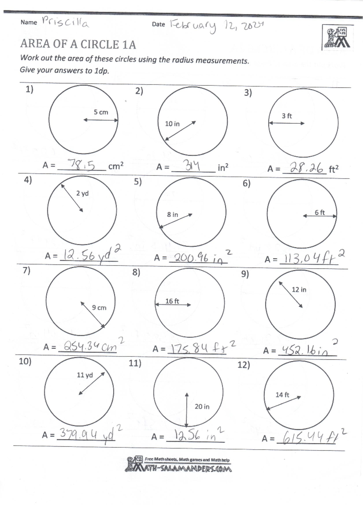 Math Worksheet: Area of a Circle Problems (Final Exam) - Studocu