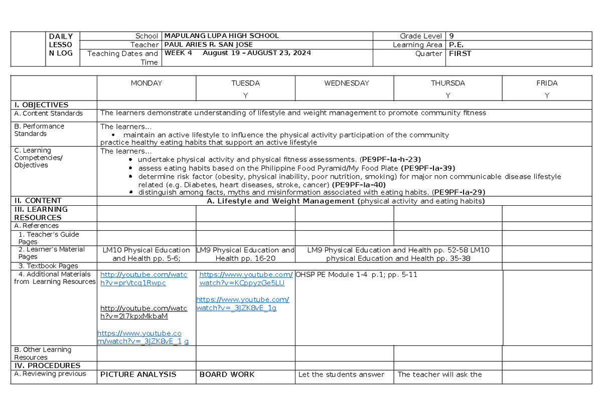 Q1 Grade 9 PE DLL Week 4 - Lifestyle & Weight Management Lesson - Studocu