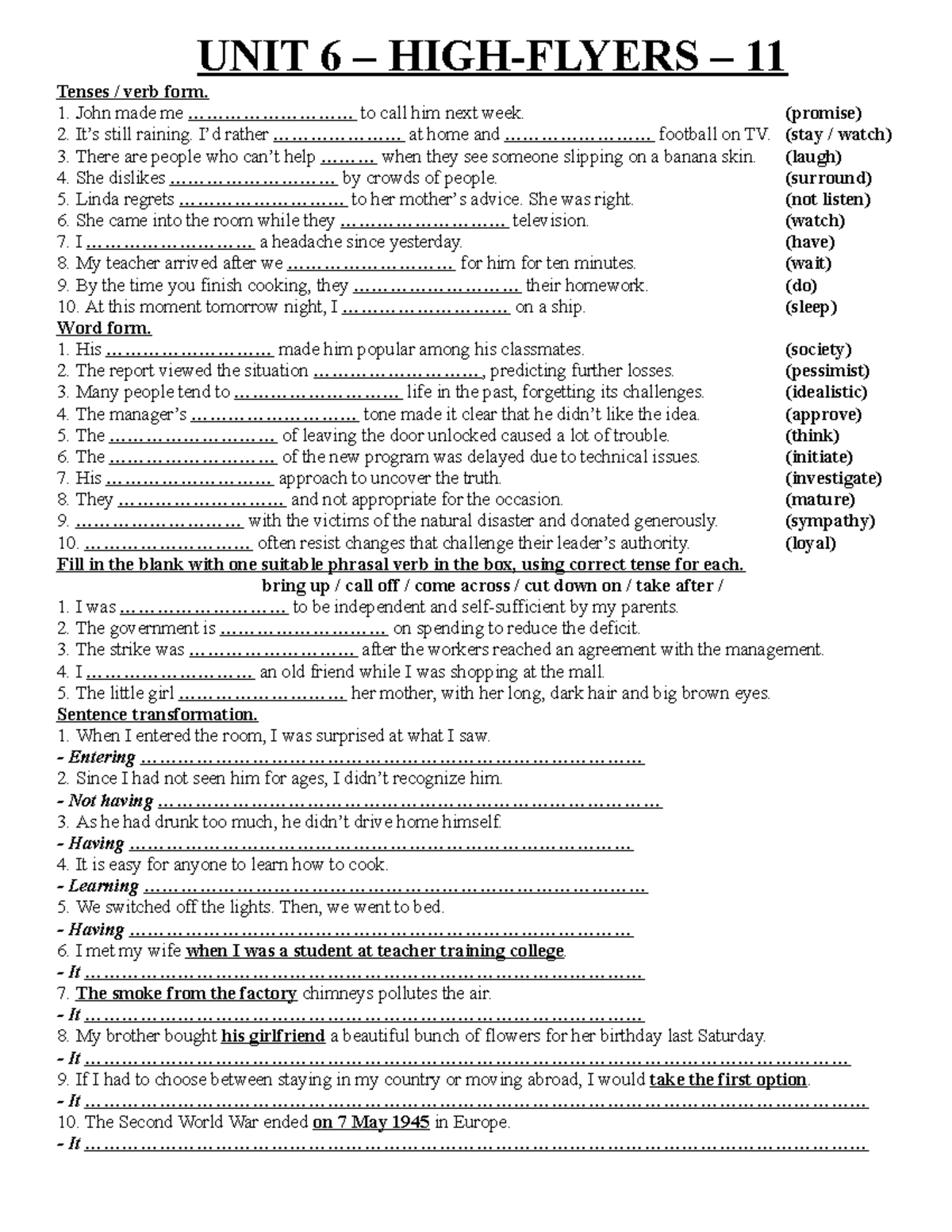 UNIT 6 – HIGH-Flyers – 11 Tenses and Verb Forms Exercises - Studocu
