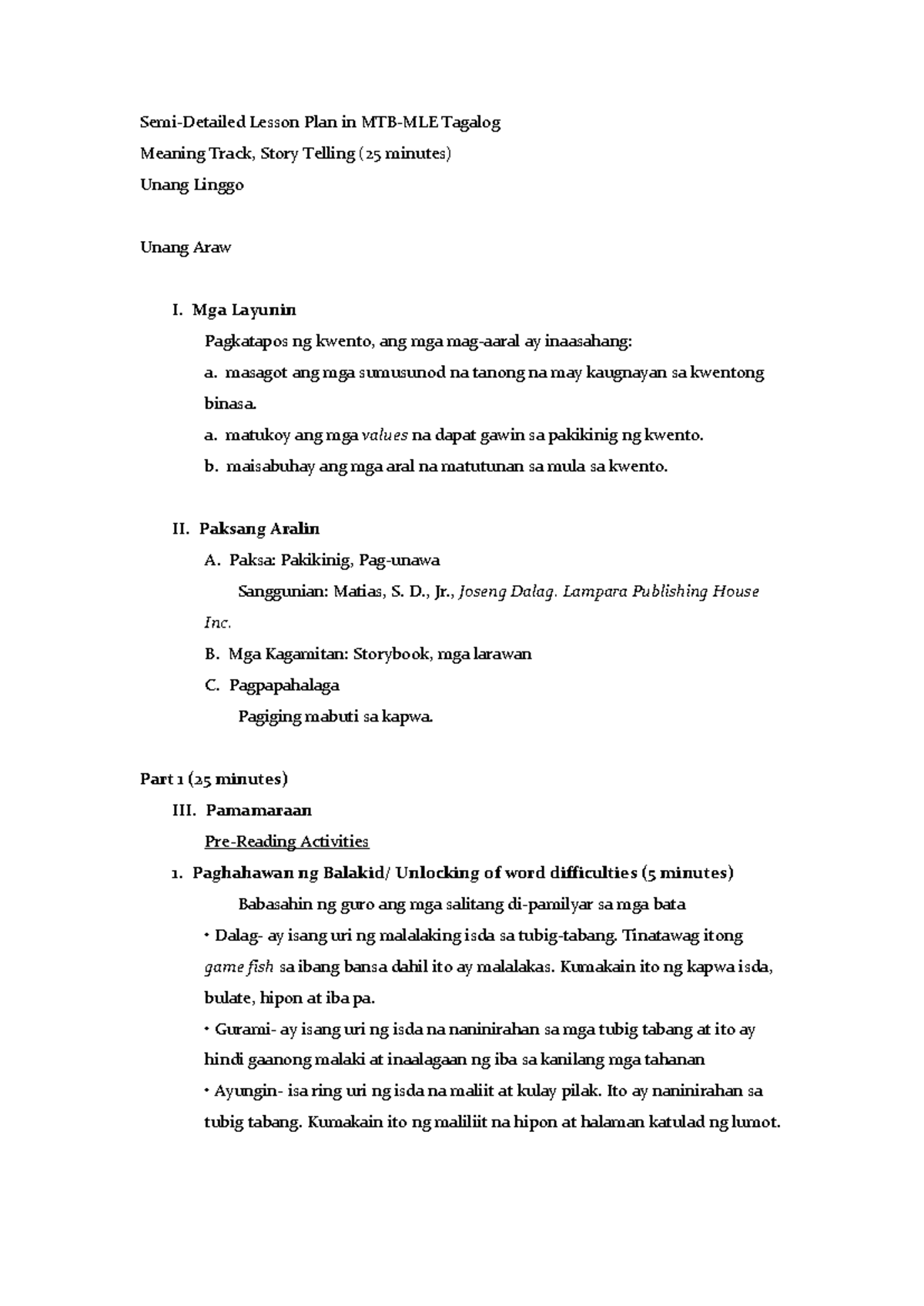 Semi-Detailed Lesson Plan: MTB-MLE Tagalog on Story Telling - Studocu