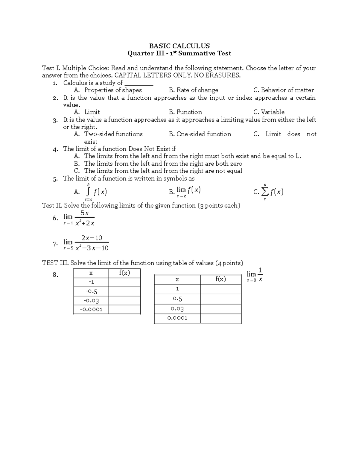 Basic Calculus short quiz - BASIC CALCULUS Quarter III - 1st Summative ...