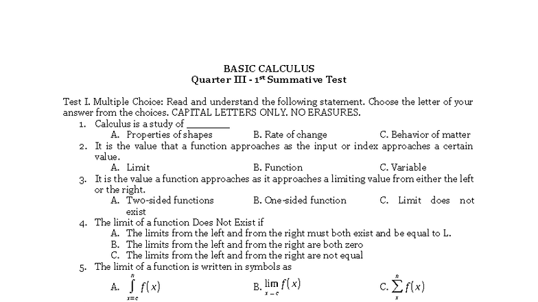 Basic Calculus Quiz: Quarter III - 1st Summative Test - Studocu