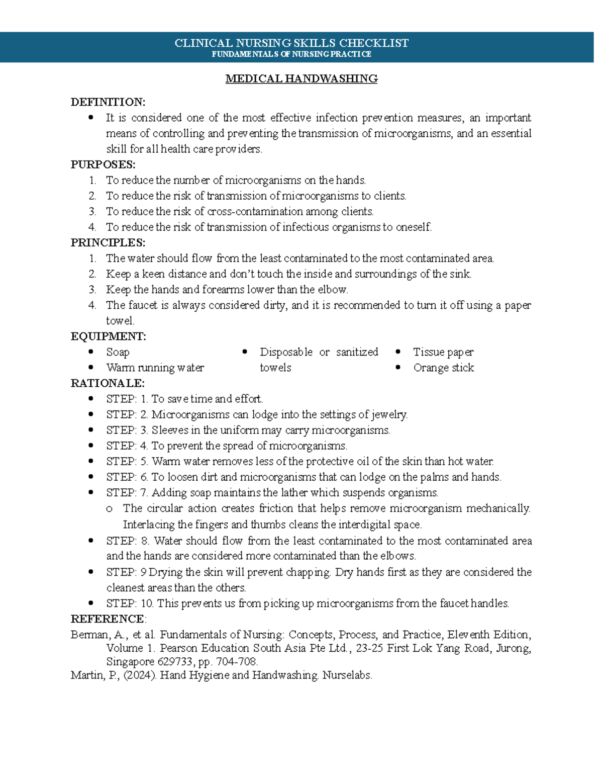 NUR-1B Clinical Nursing Skills Checklist: Handwashing & Health ...