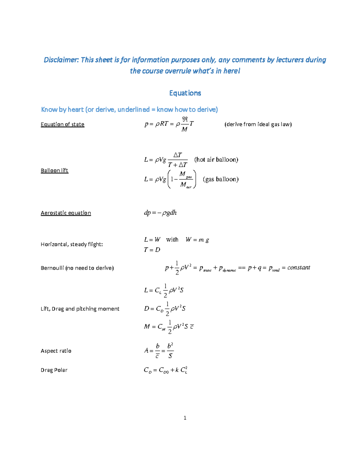 Formulae Test 1 - Essential Equations for Intro to Aerospace 2024/2025 ...