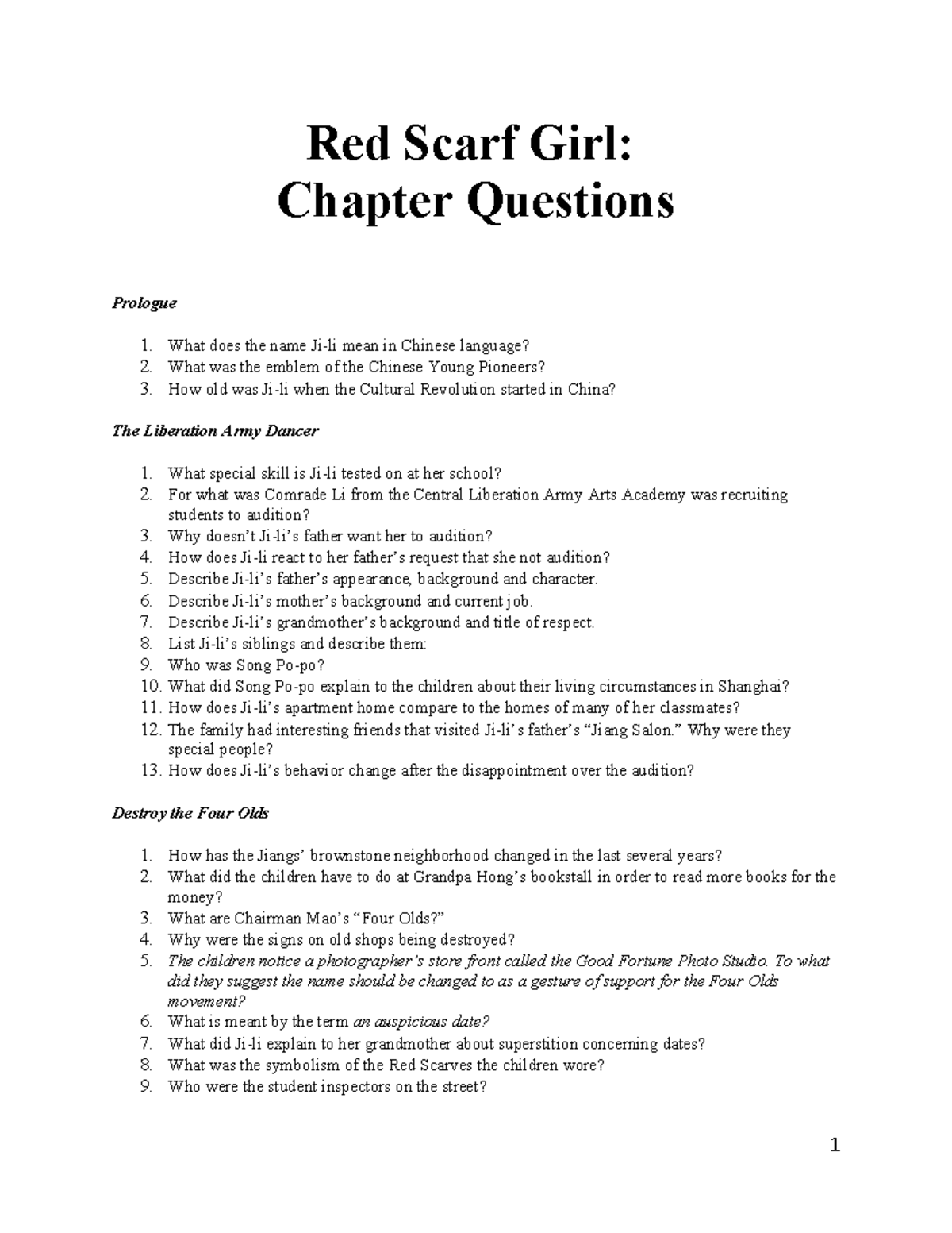 Red Scarf Girl: Chapter Questions and Analysis (Comp. Study) - Studocu