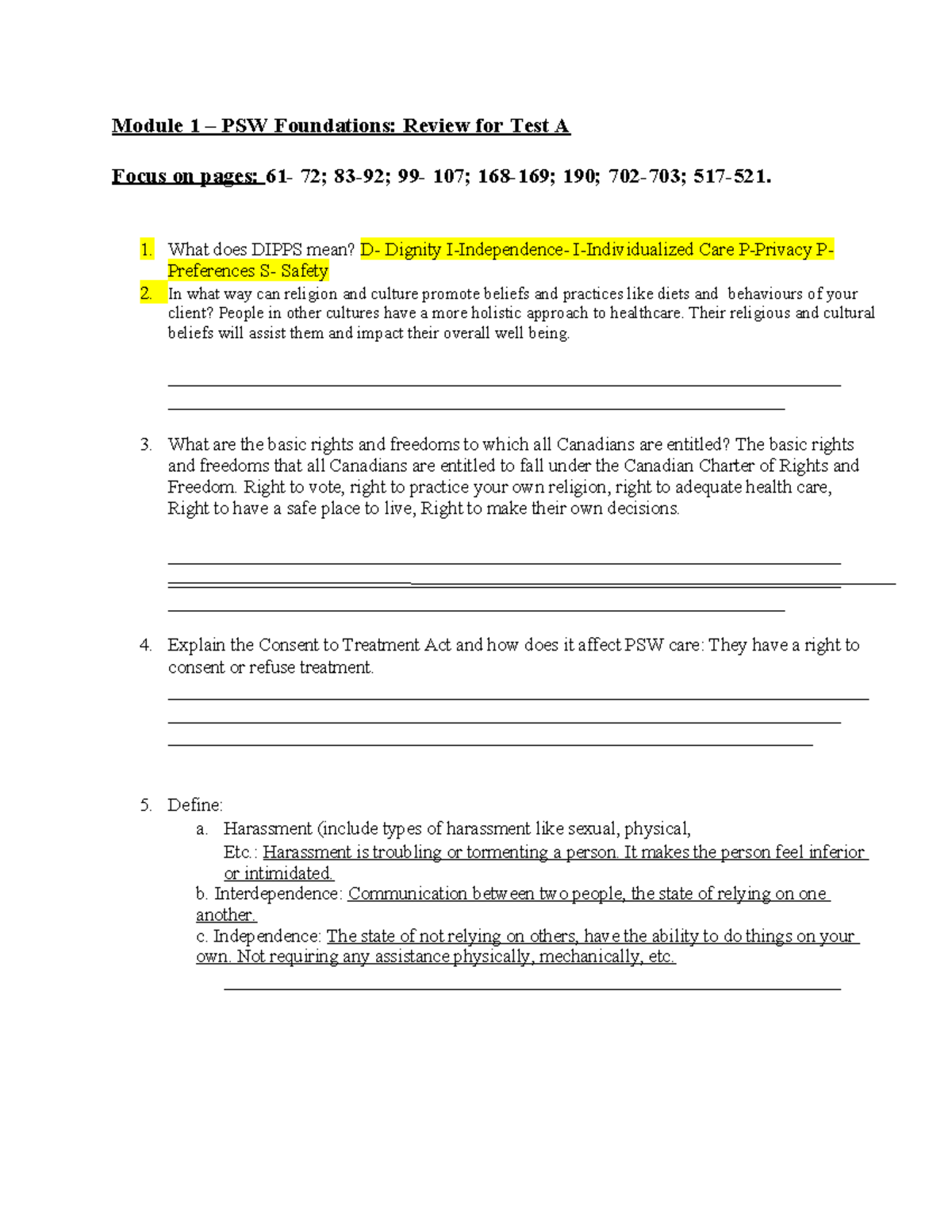Module 1 Test A Responses Module 1 Psw Foundations Review For Test A Focus On Pages 61
