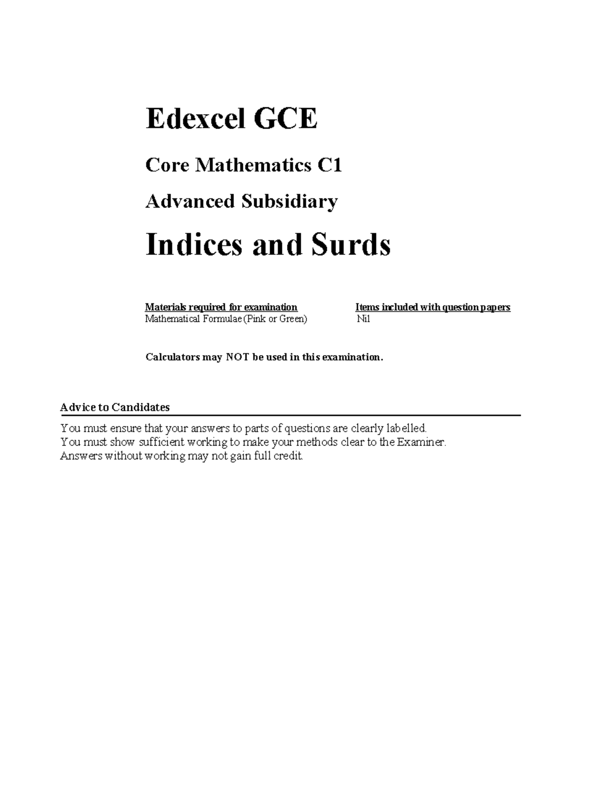 C1 Indices and Surds - Edexcel GCE Core Maths Exam Review - Studocu