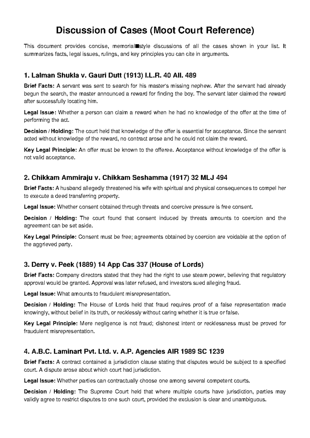 List of Cases Discussion (Moot Court Reference) - Studocu