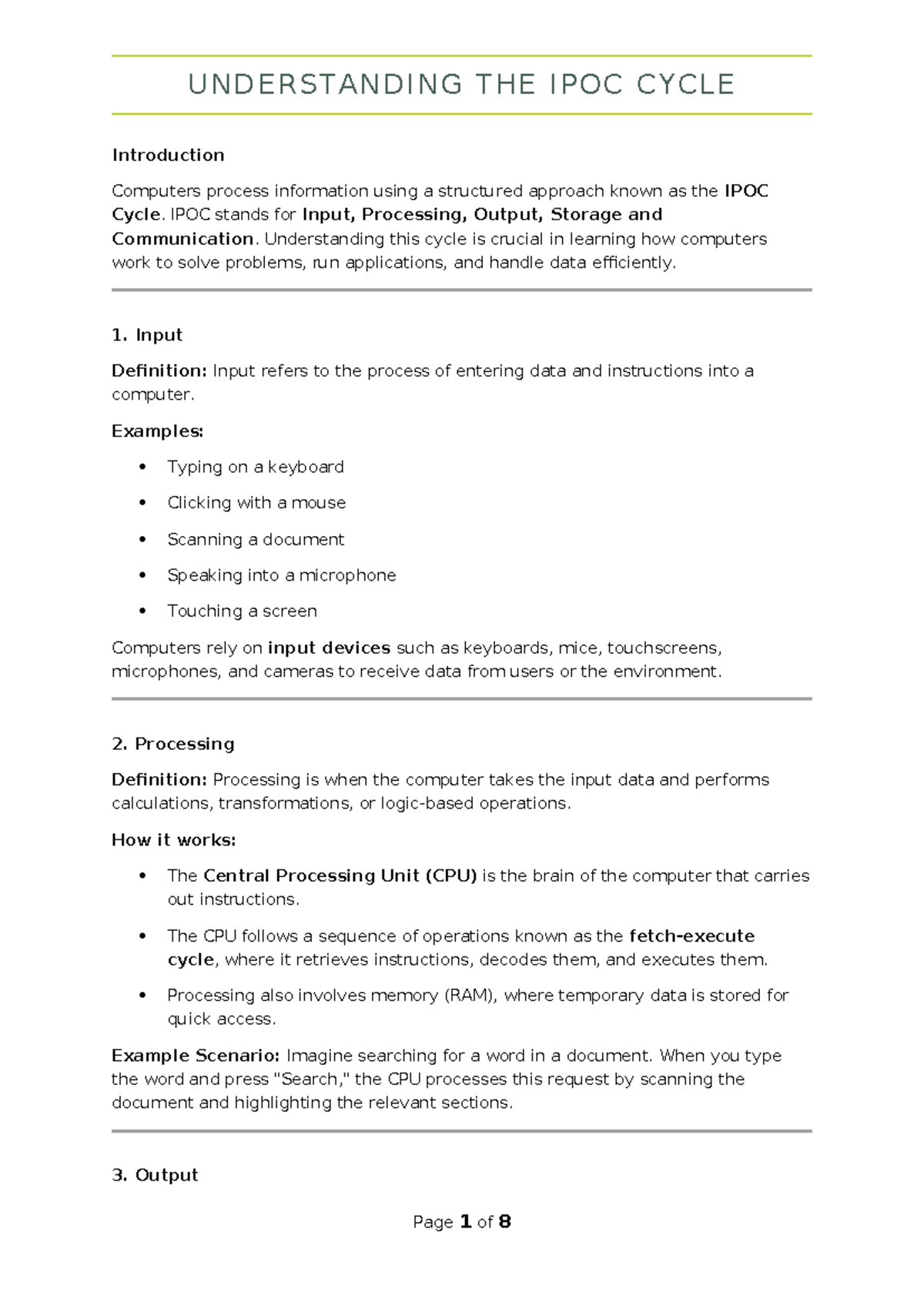 Understanding the IPOC Cycle: Input, Processing, Output, Storage in Computing - Studocu