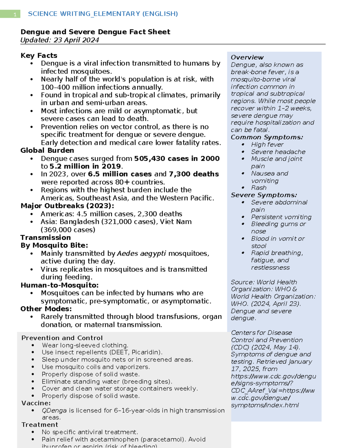 Dengue-and-Severe-Dengue-Fact-Sheet - Dengue and Severe Dengue Fact ...