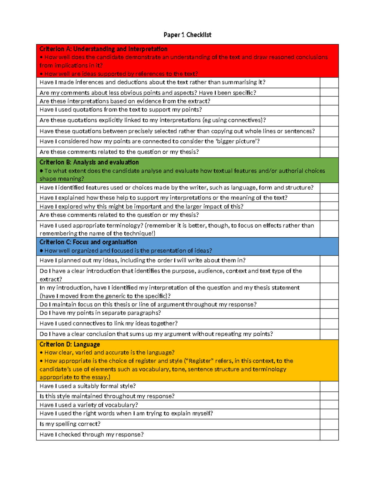IB Paper 1 Checklist: Criteria A-D Guide for Success - Studeersnel