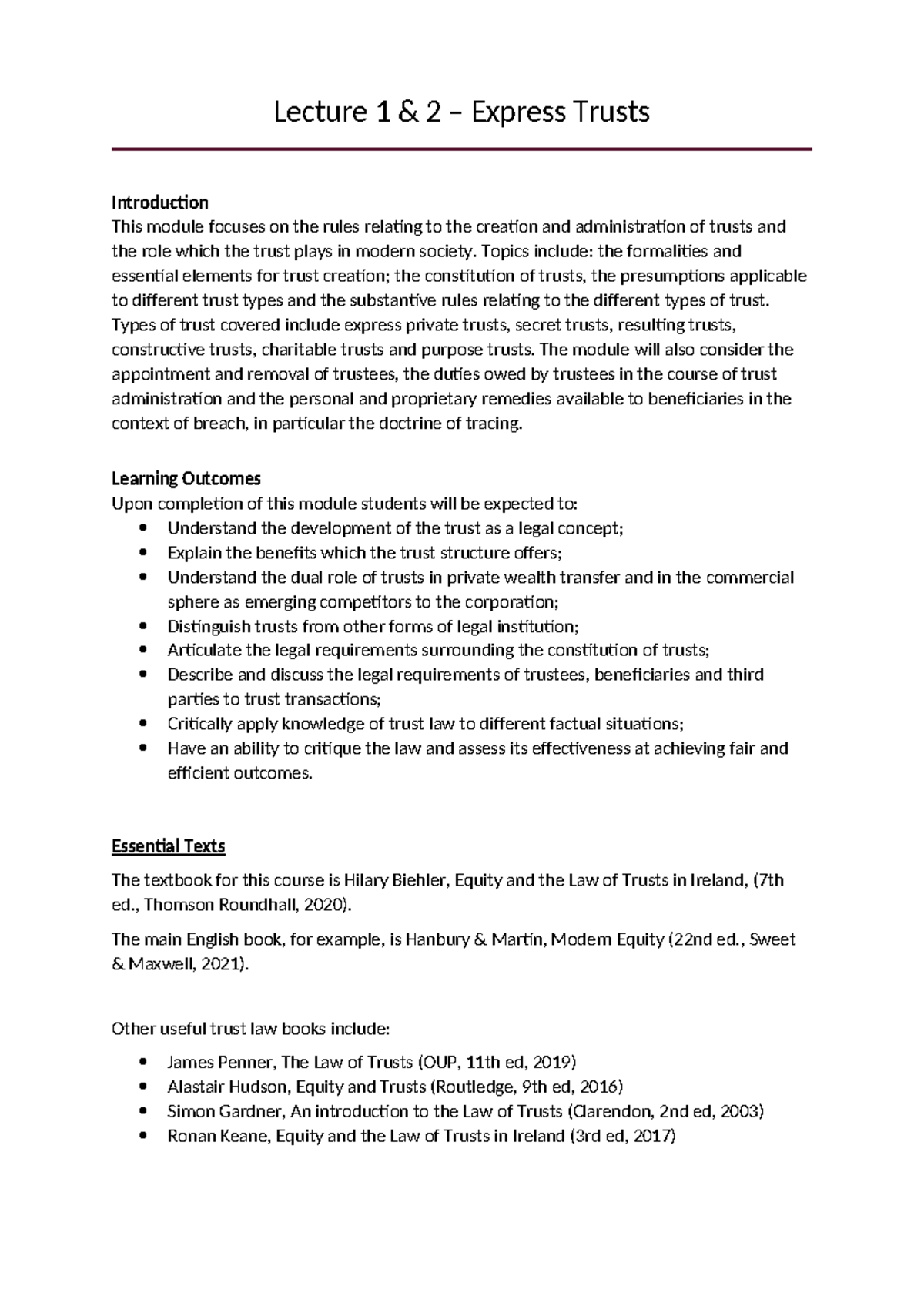Lecture 1 & 2: Understanding Express Trusts and Their Elements - Studocu