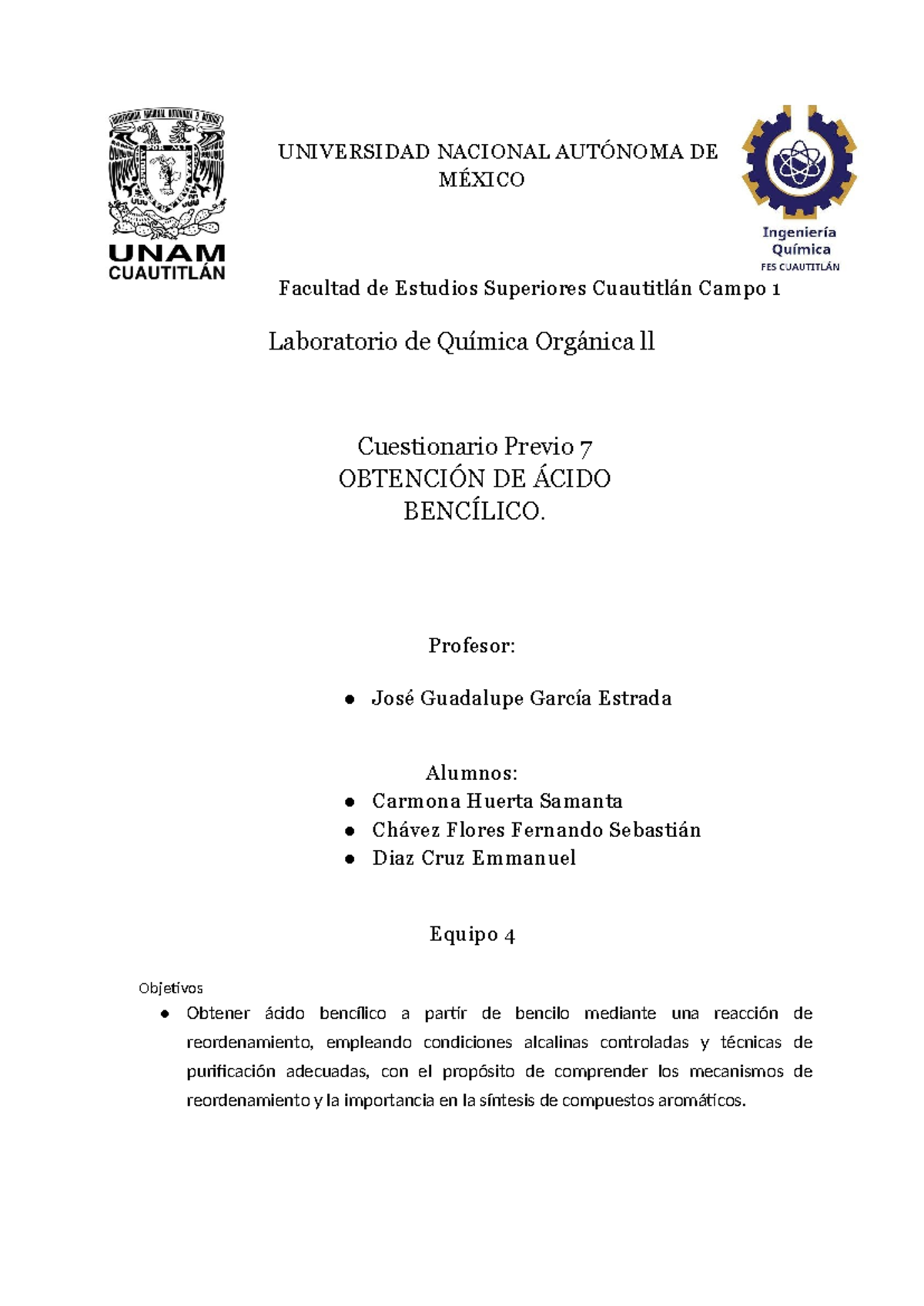 Cuestionario Previo 7: Obtención de Ácido Bencílico - QOII - Studocu