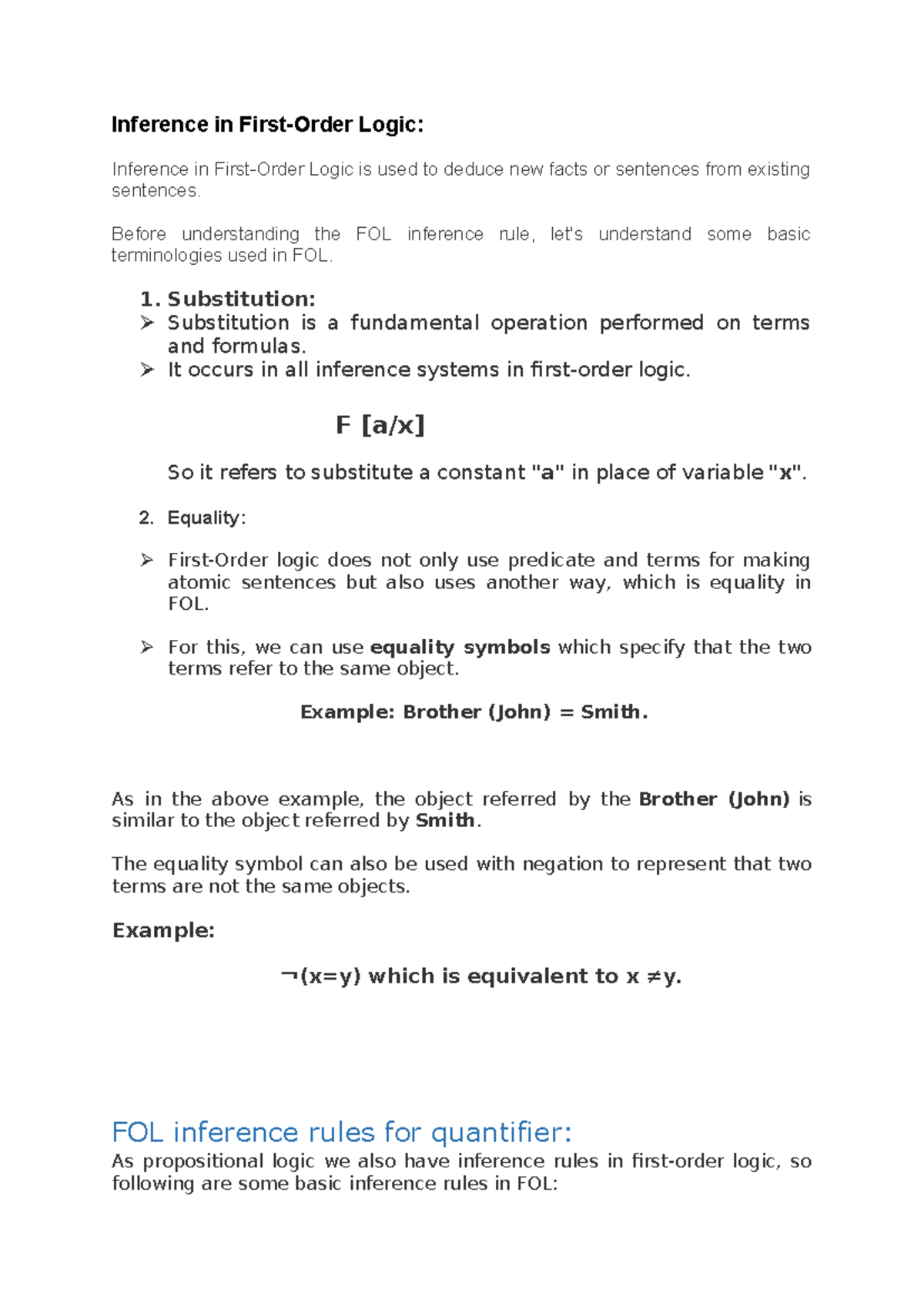 Inference in Logic: FOL Basics and Inference Rules - Studocu