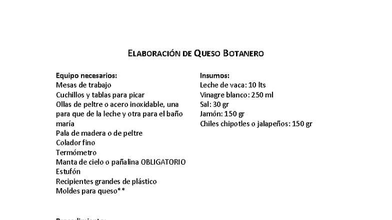 ELABORACIÓN DE QUESO BOTANERO - Receta y Procedimiento Detallado - Studocu