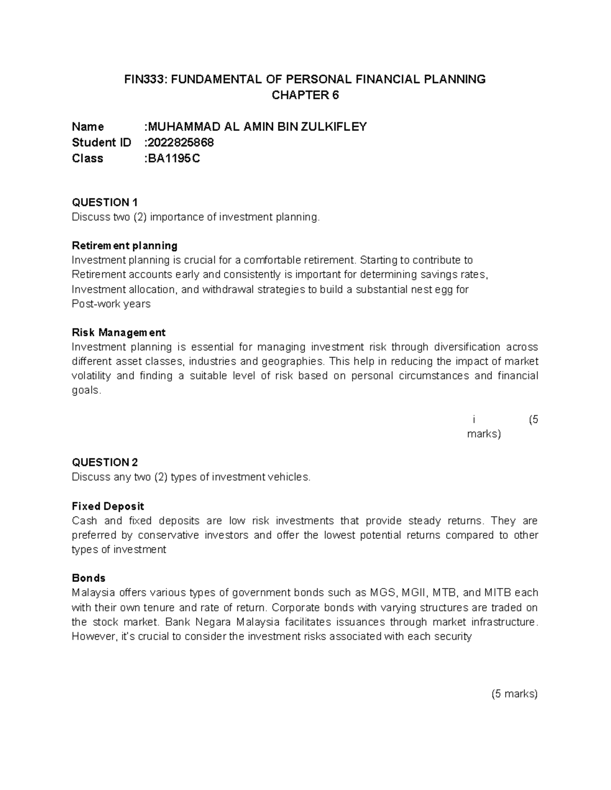 FIN333: Chapter 6 - Investment Planning & Vehicles Tutorial - Studocu
