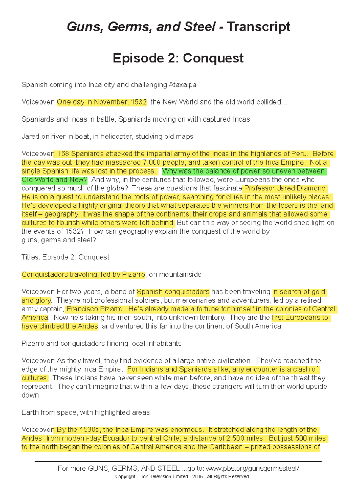 Guns, Germs, and Steel - Episode 2: Conquest Transcript (Self Study ...