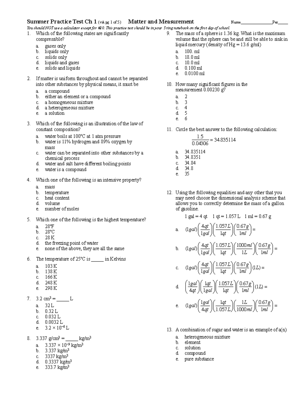 Summer Practice Test Ch 1: Matter and Measurement Review - Studocu