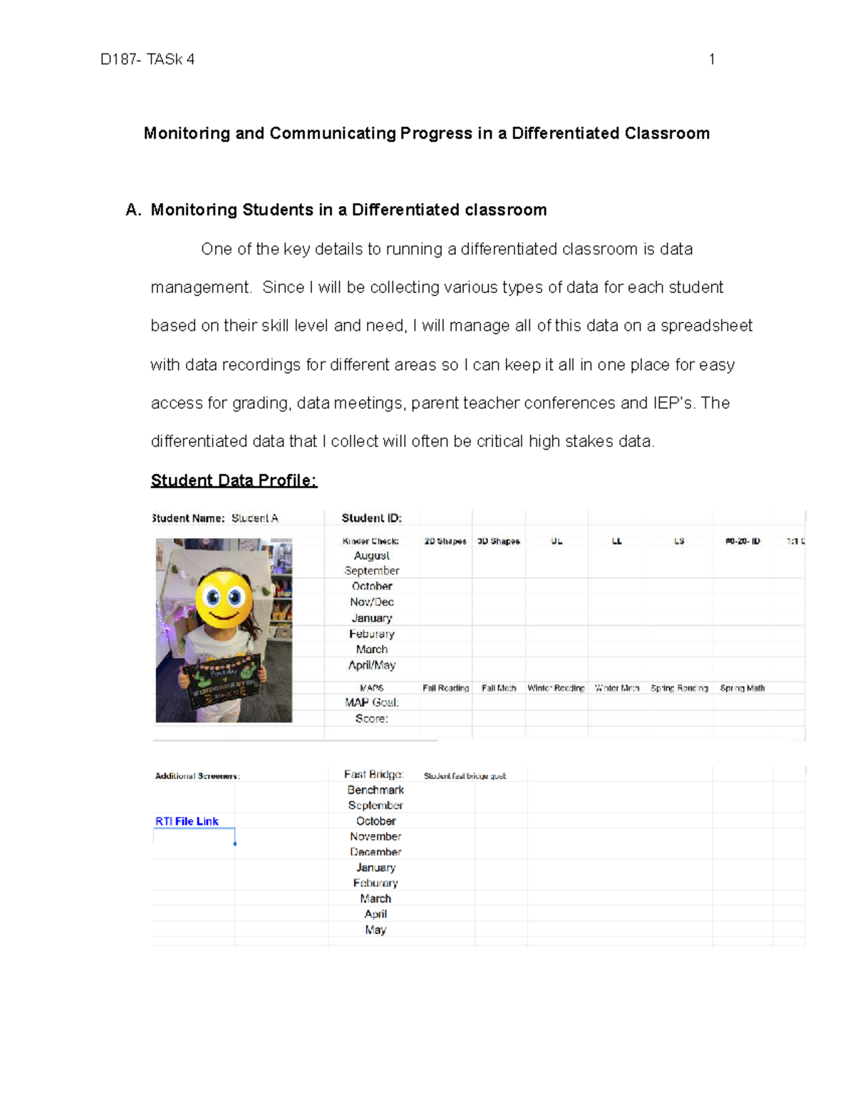 D187 - TASK 4: Monitoring Student Progress in a Differentiated ...