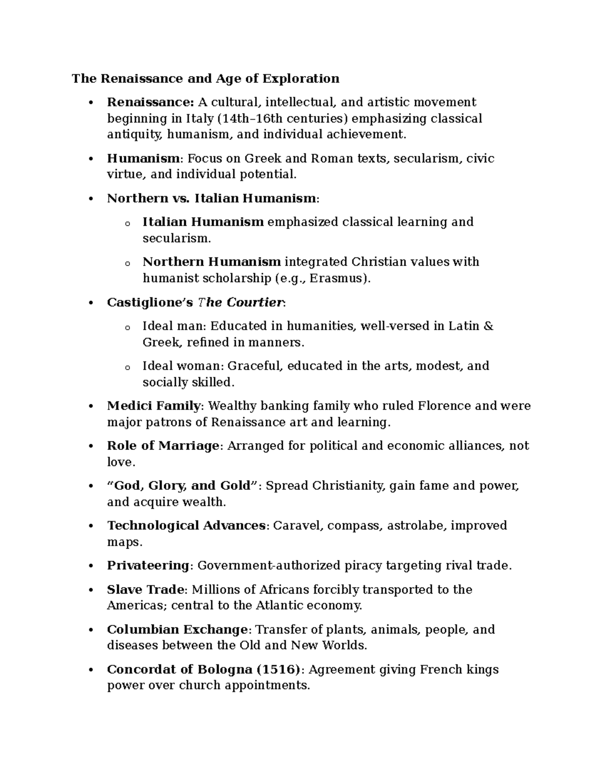 Renaissance & Age of Exploration: Key Concepts & Terms (HIST 101) - Studocu